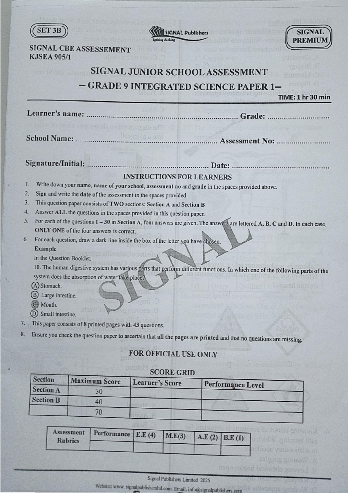 Integrated Science Grade 9 Assessment - Signal JS SET 3B - Studocu