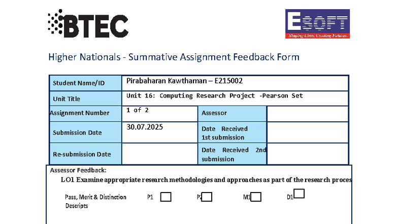 Unit 16: Computing Research Project - Final Assignment Feedback Form ...