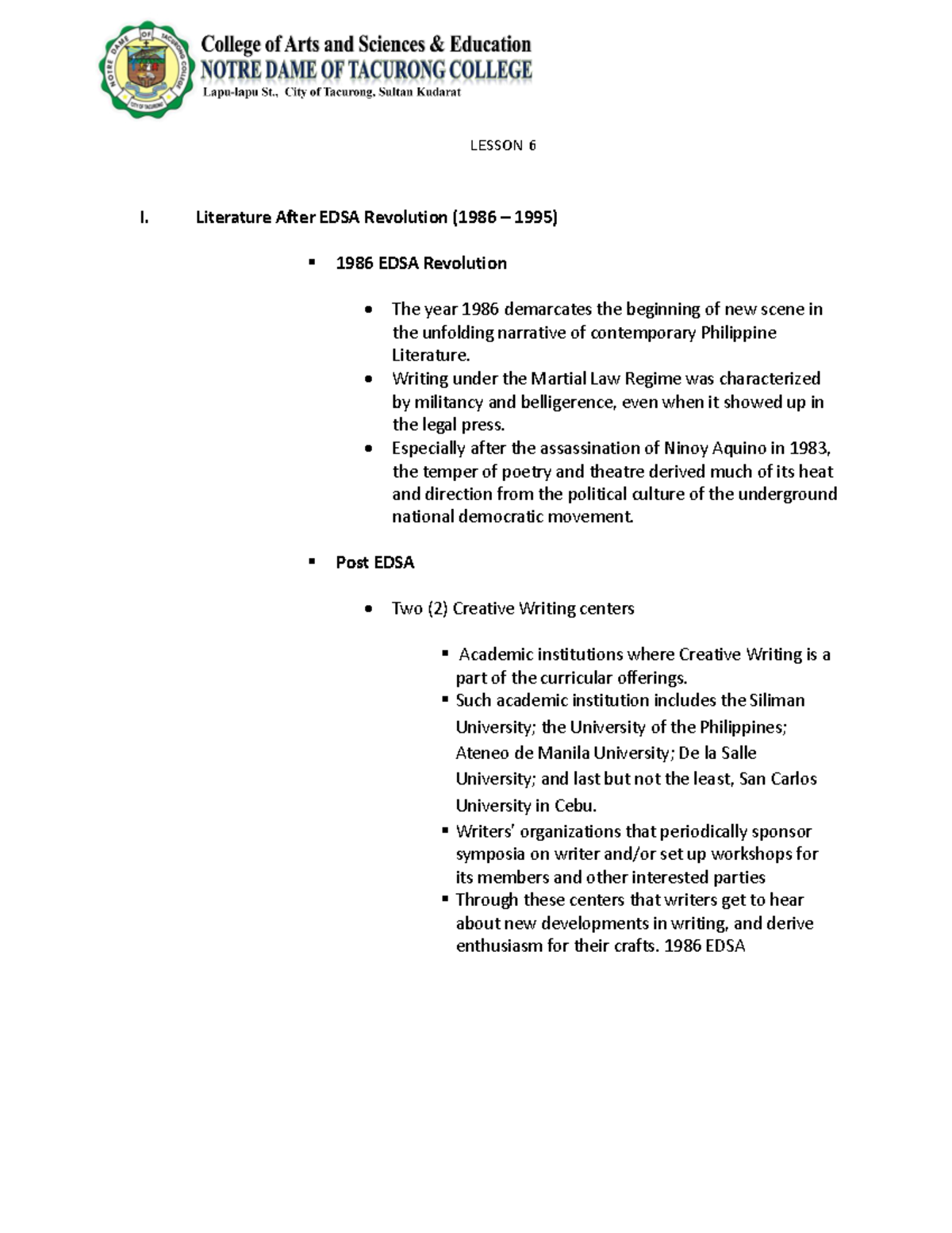 Literature in the Philippines Post-EDSA Revolution (1986-1995) - Studocu