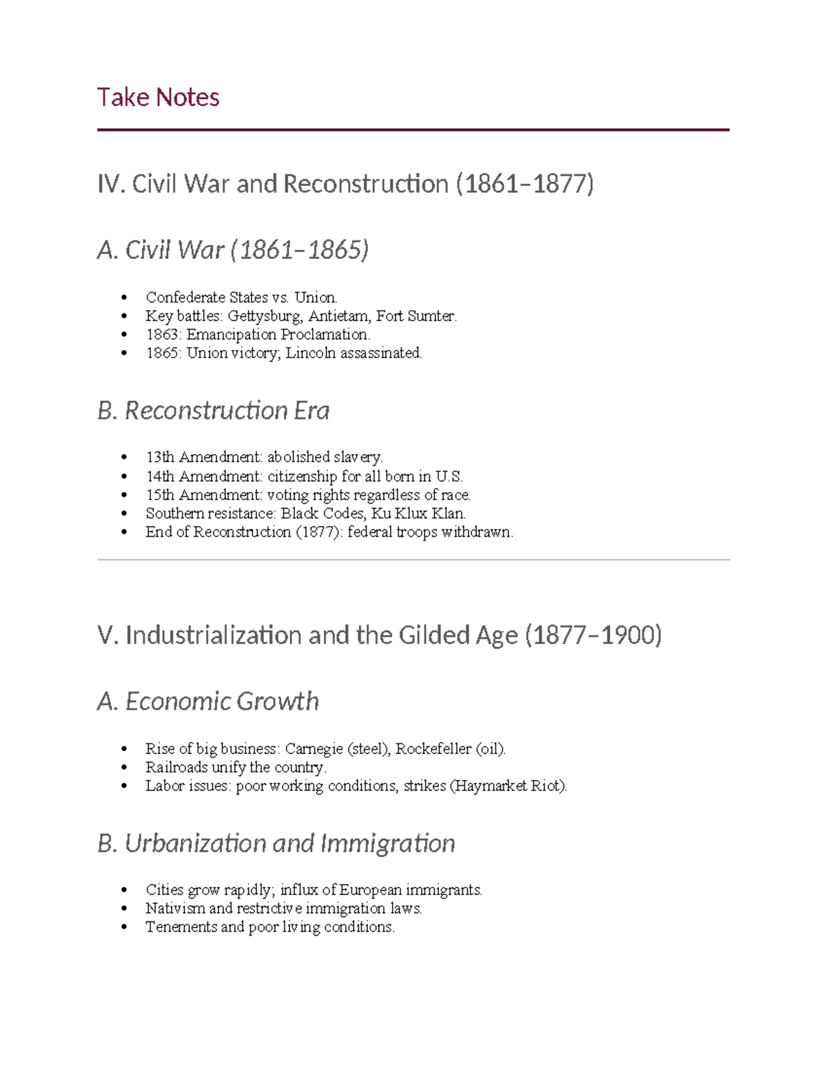 LECTURE NOTES II: Civil War, Reconstruction & Gilded Age Overview - Studocu