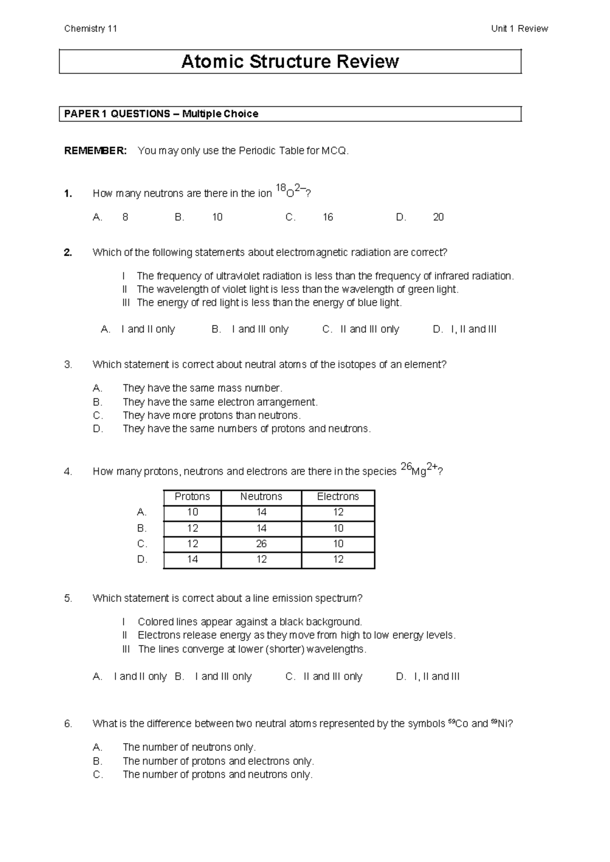 Atomic Structure MCQ Review - Paper 1 Questions (2023) - Studeersnel