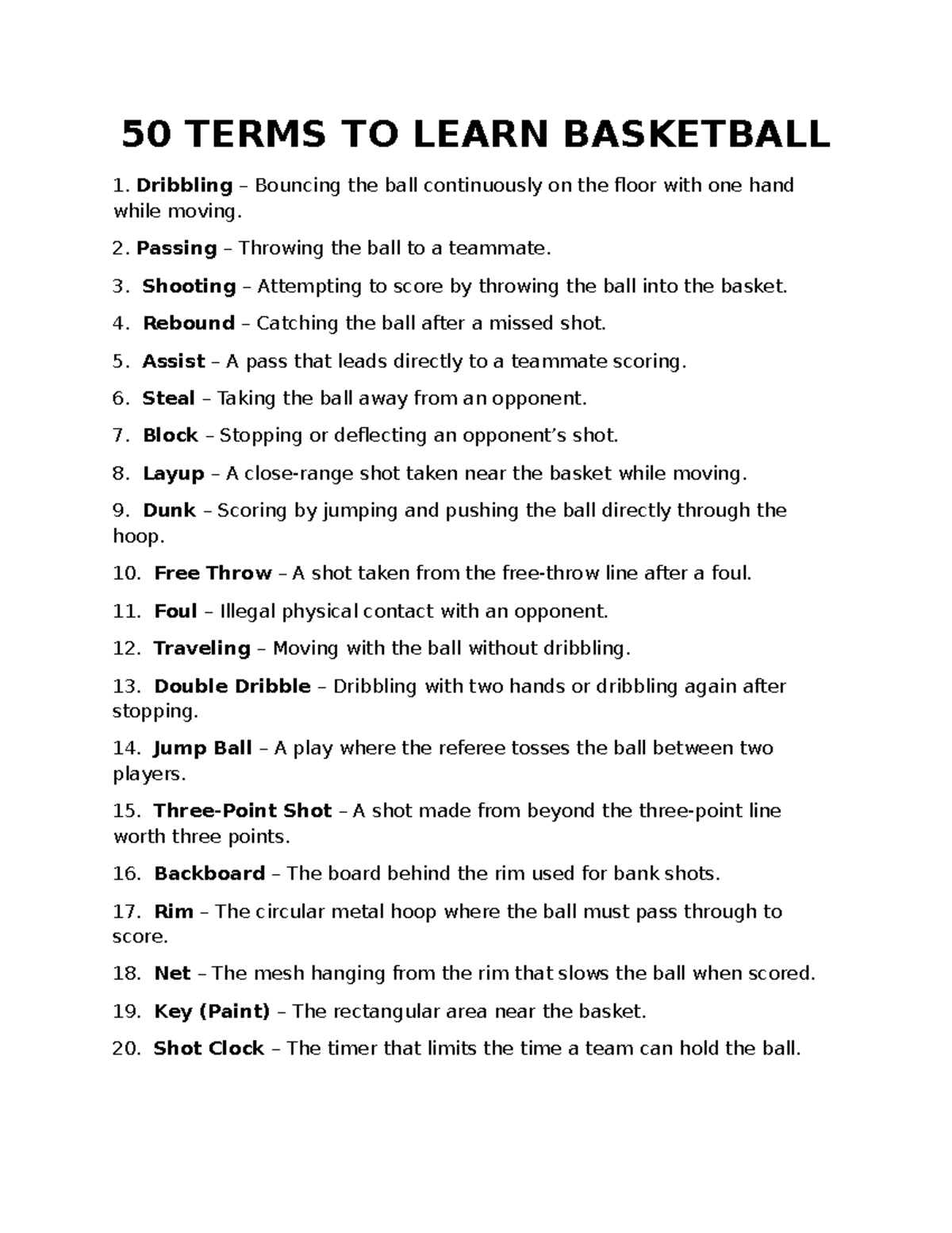 50 Essential Basketball Terms to Master for Course BSK101 - Studocu