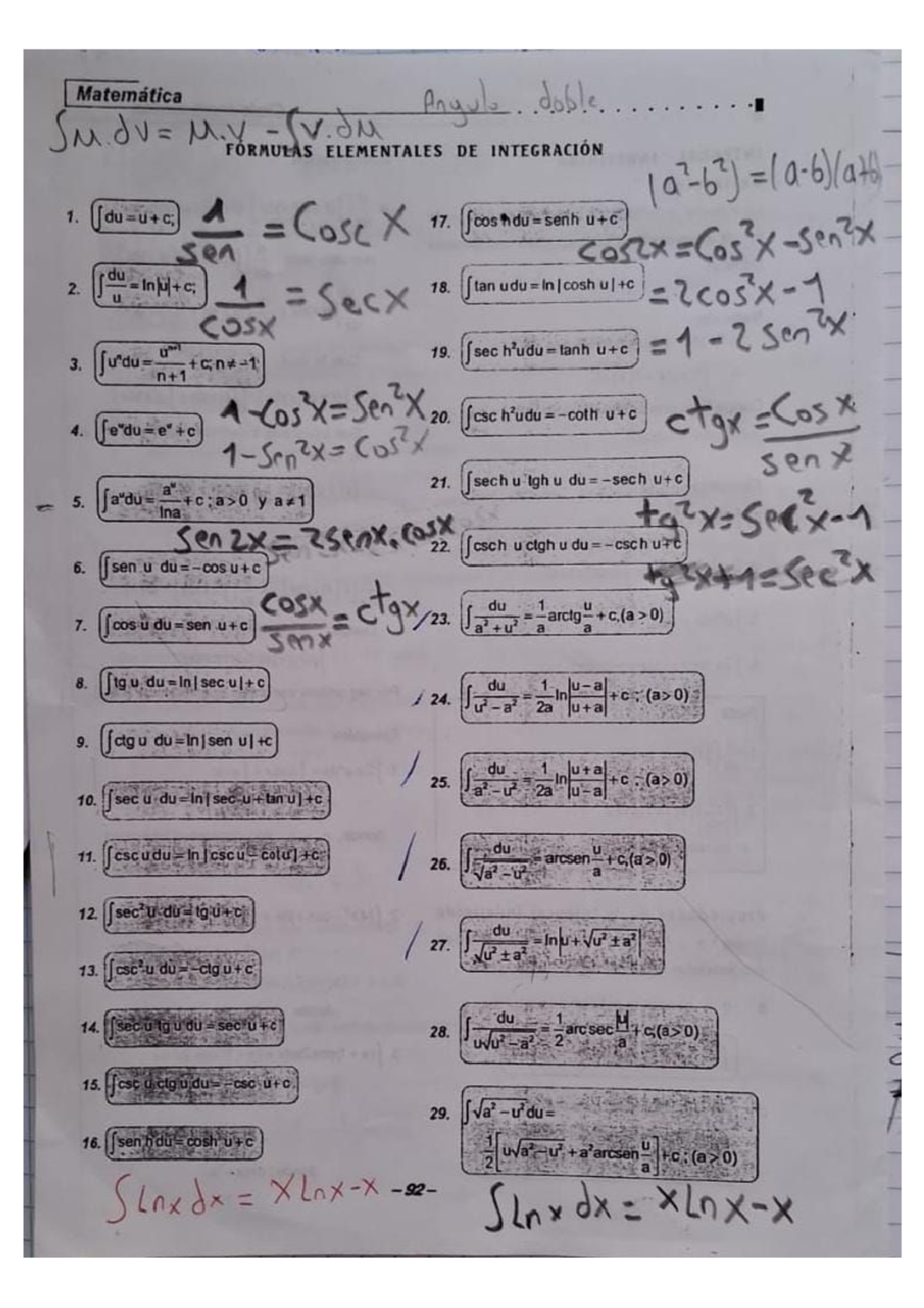 Matemática SM - Formulas Elementales de Integración - Studocu