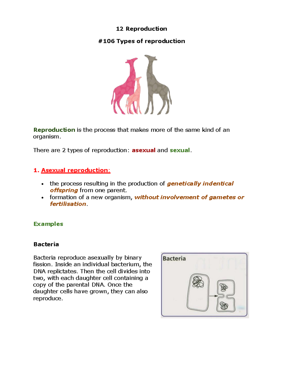 Reproduction - Lecture notes 12 - 12 Reproduction #106 Types of ...