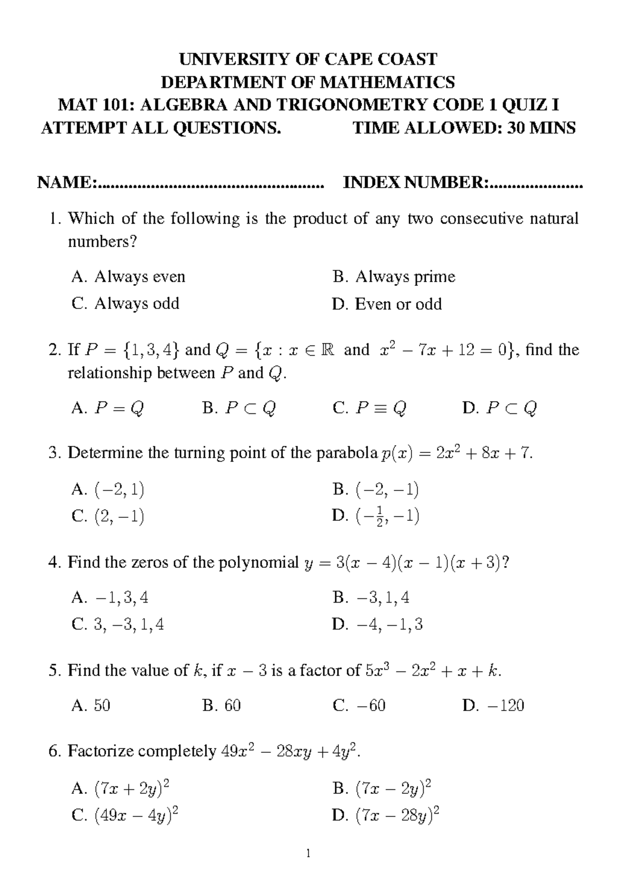 MAT 101: Algebra and Trigonometry Quiz I - Group B#1 Questions - Studocu