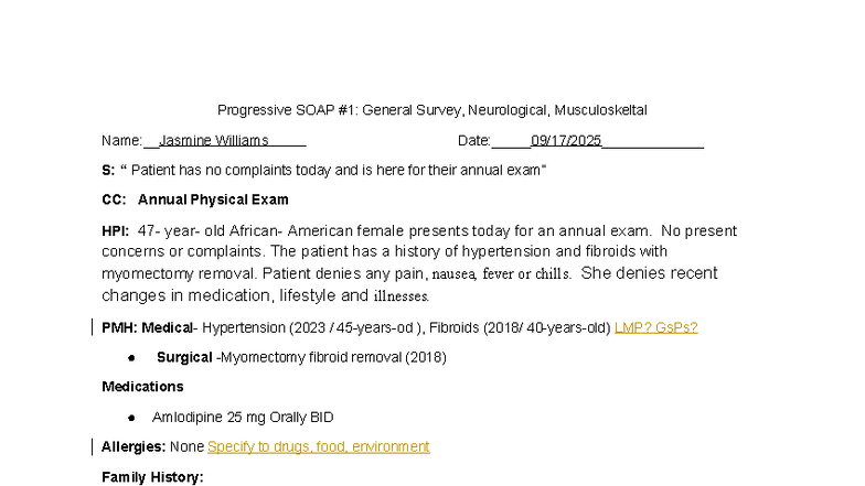 JW SOAP 1 - Annual Physical Exam & Neurological Assessment - Studocu