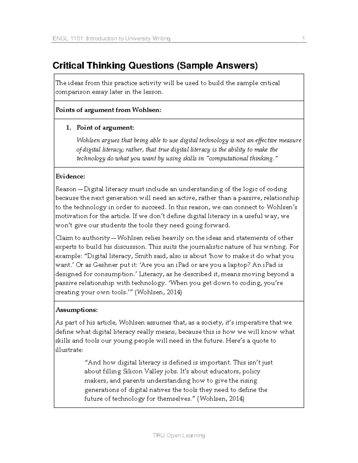 ENGL 1101: Critical Thinking Questions & Sample Answers on Digital ...
