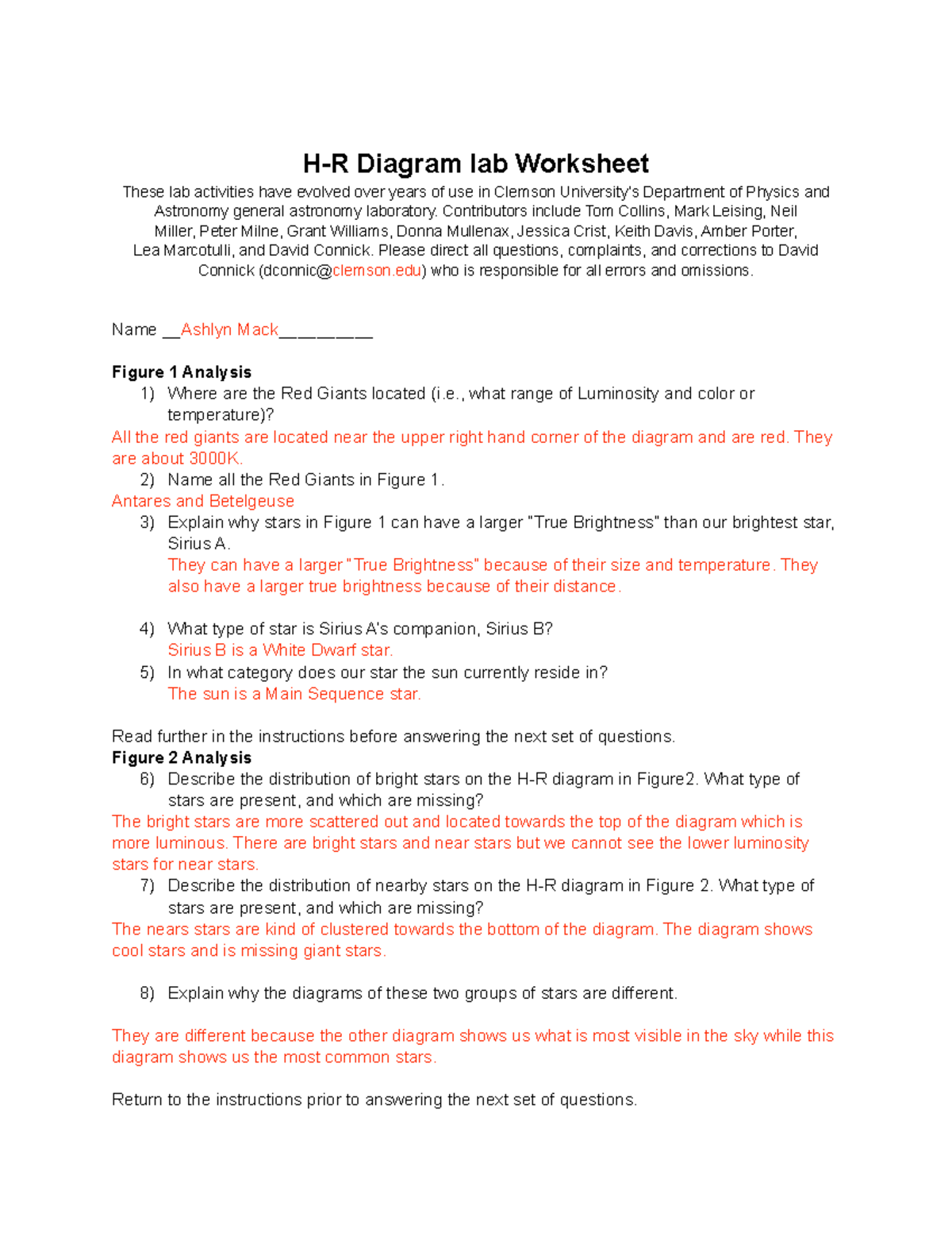 H-R Diagram Lab Worksheet Analysis for Astronomy 101 - Studocu