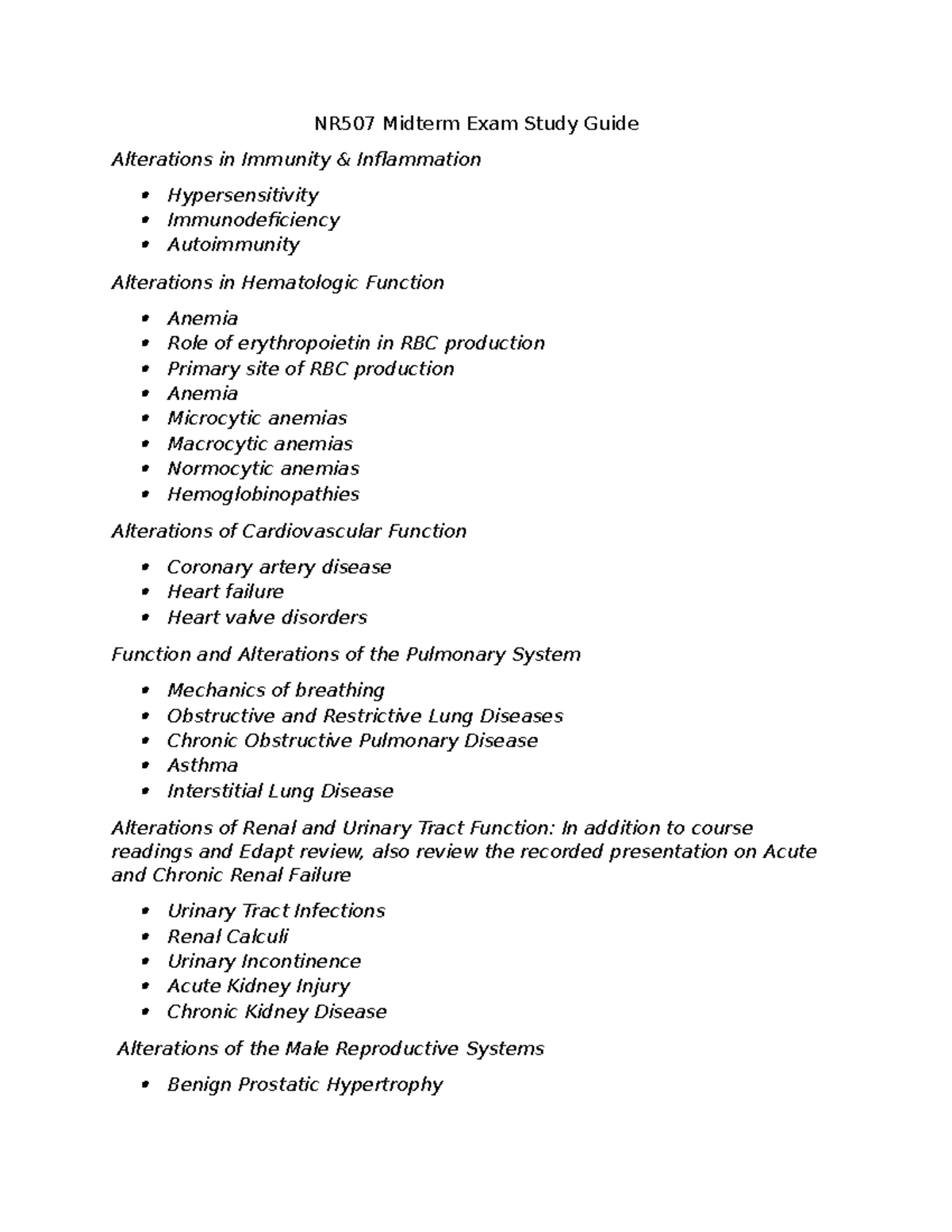 NR507 Midterm Exam Study Guide: Key Concepts in Pathophysiology - Studocu