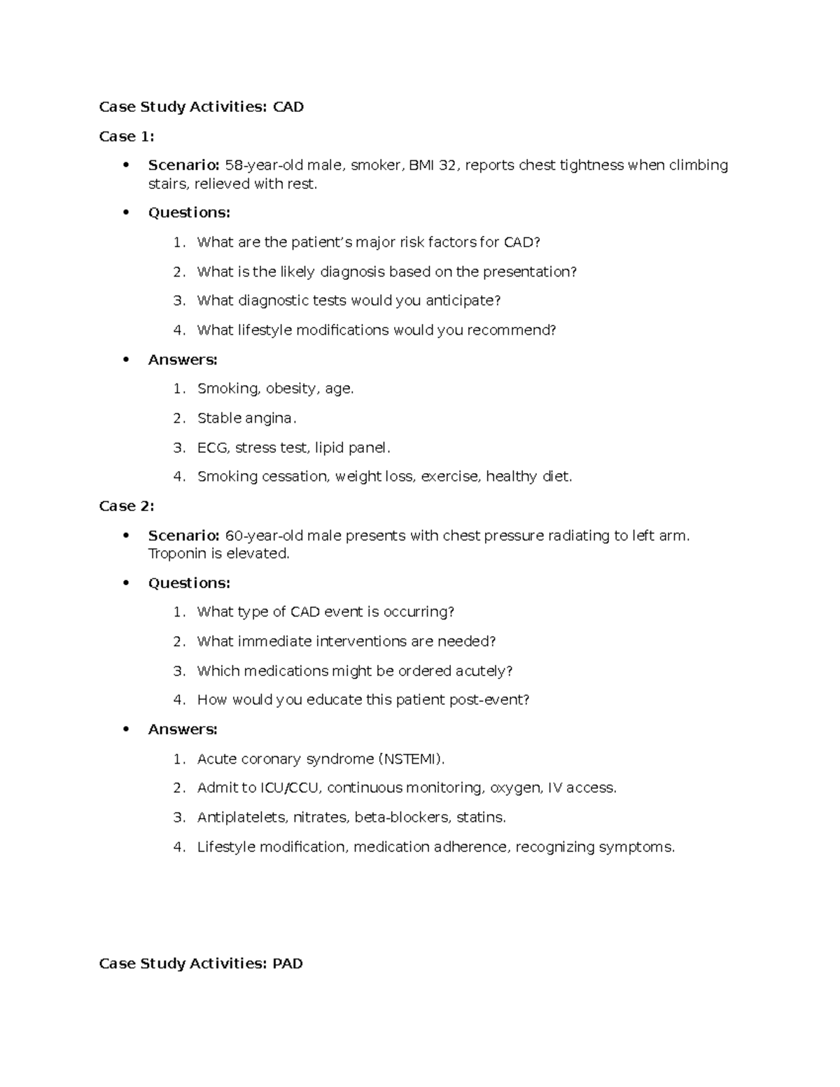 Case Study Activities: CAD & PAD Scenarios and Interventions - Studocu