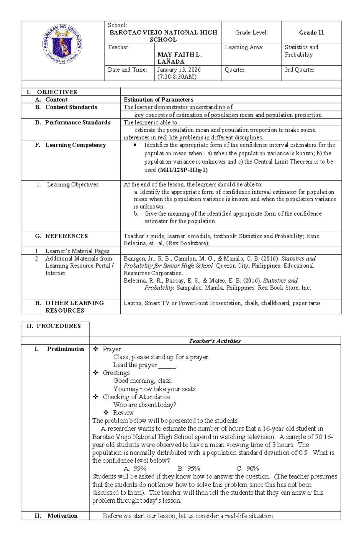 Statistics and Probability DLP-4: Estimation of Parameters for Grade 11 ...