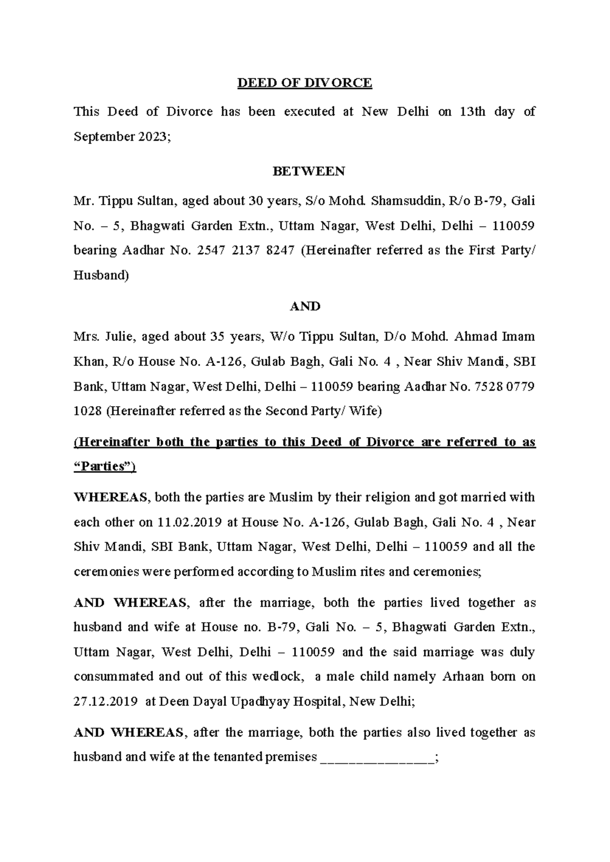 DEED OF DIVORCE: Khulanama Format for Muslim Marriage Dissolution - Studocu