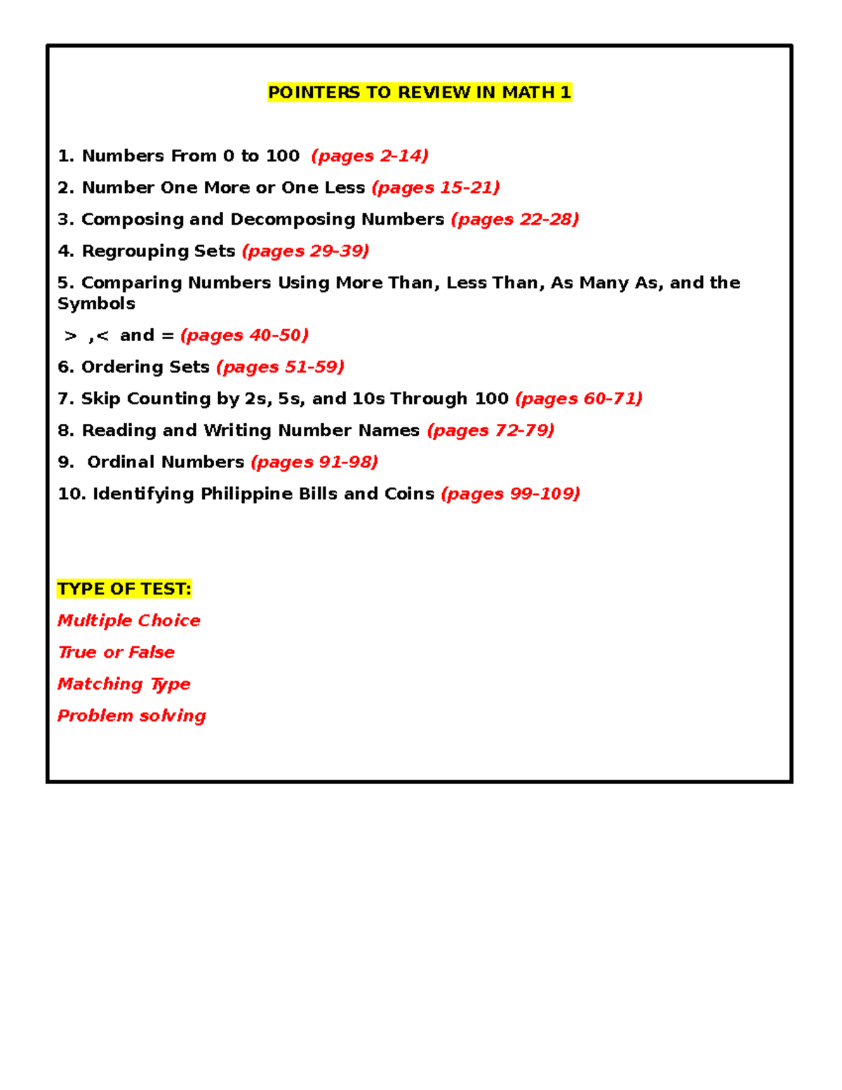Grade 1 Pointers TO Review - POINTERS TO REVIEW IN MATH 1 Numbers From ...