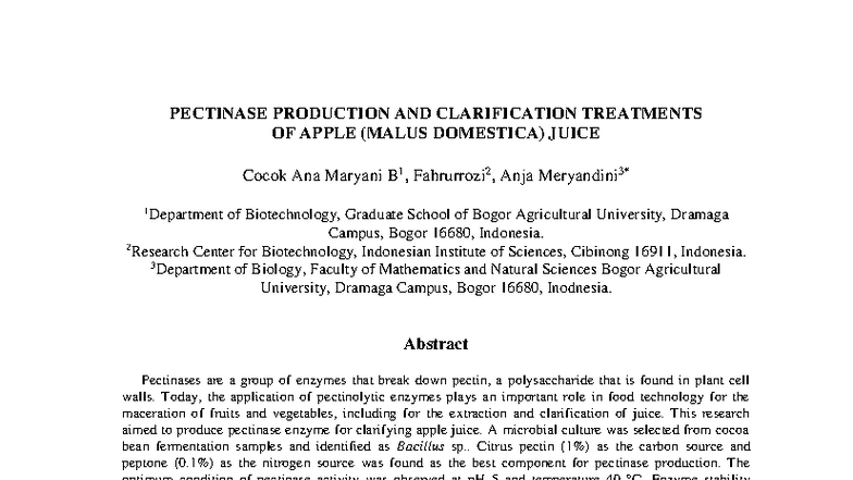 Pectinase Production and Apple Juice Clarification (BIOT 101) - Studocu