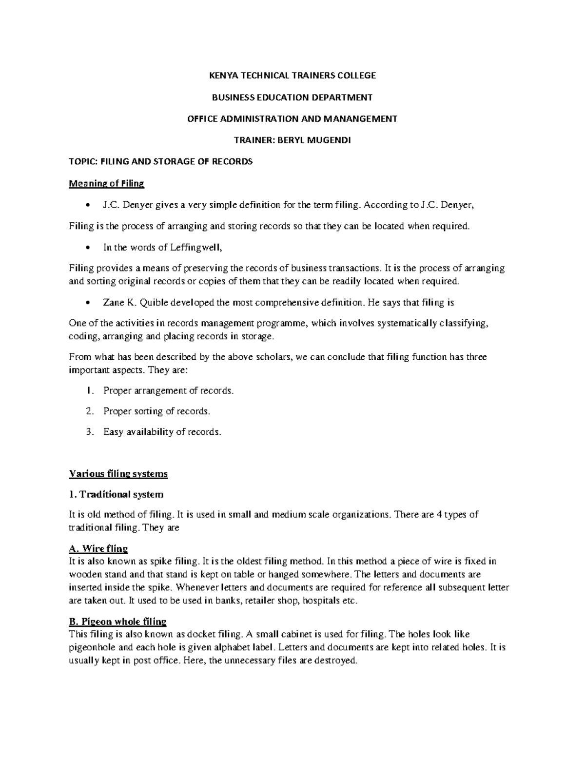 Filing and Storage of Records - Lecture Notes 5 - Studocu