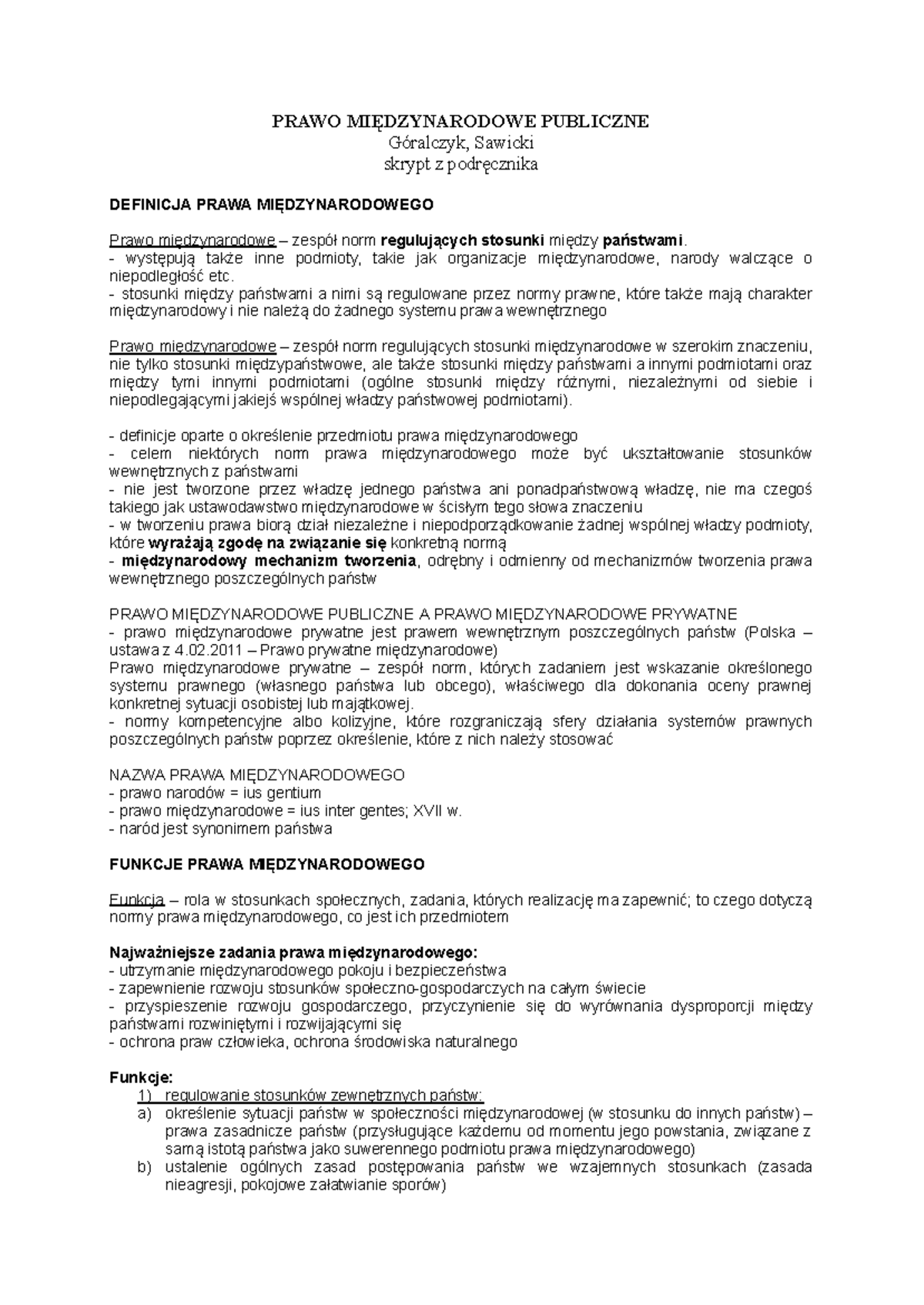 PRAWO MIĘDZYNARODOWE PUBLICZNE - Skrypt Góralczyk i Sawicki - Studocu