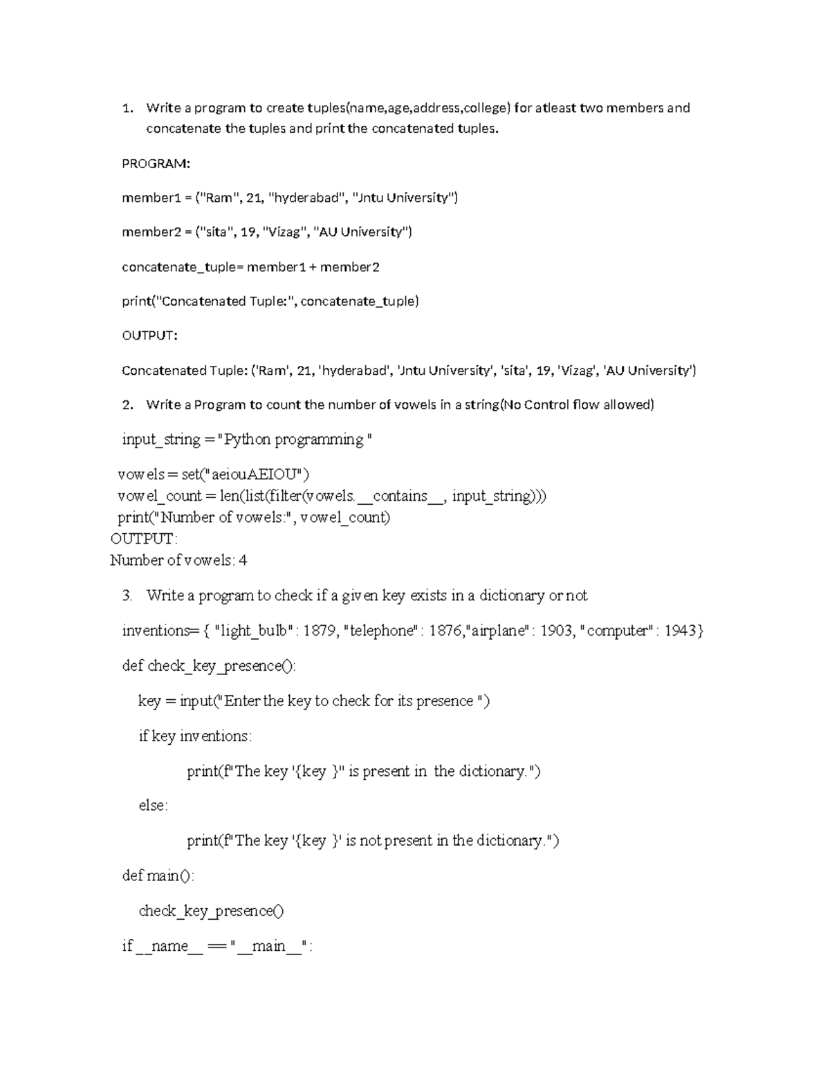 Unit 3: Python Programs for Tuples, Vowel Count, and Dictionary Key ...