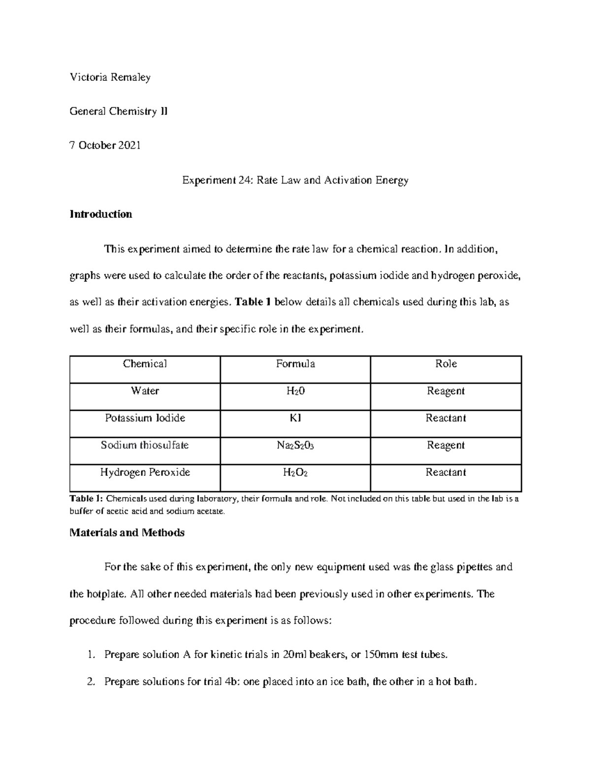 Experiment 24 - Determination of a Rate Law Lab Report - Victoria ...