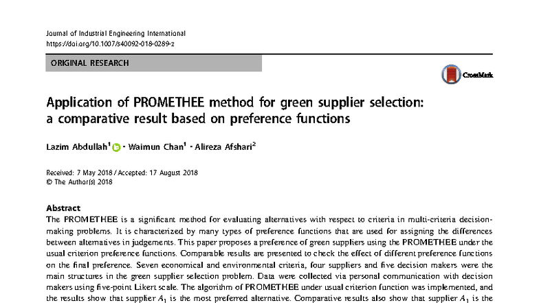 Application of PROMETHEE Method for Green Supplier Selection (IE 2018 ...