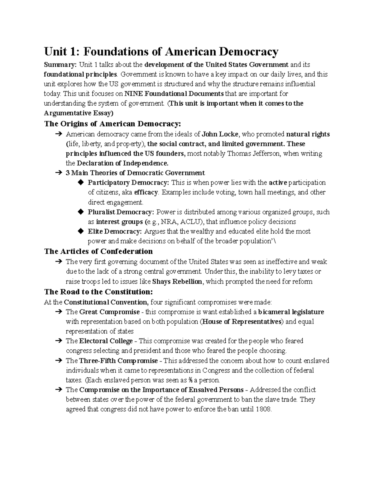 GOV 101: Unit 1 - Foundations of American Democracy Summary - Studocu