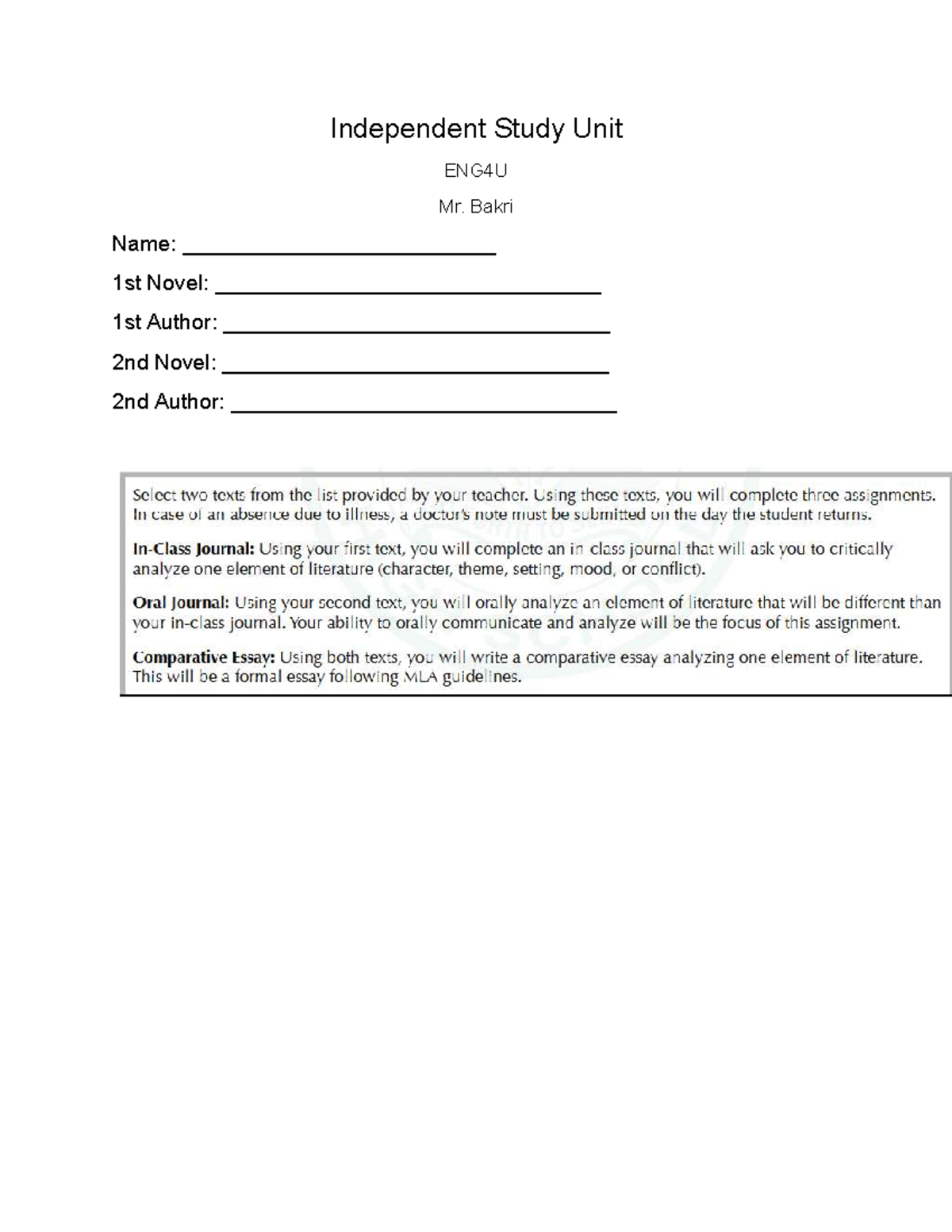ENG4U Independent Study Unit: Literary Analysis & Presentation Guide ...