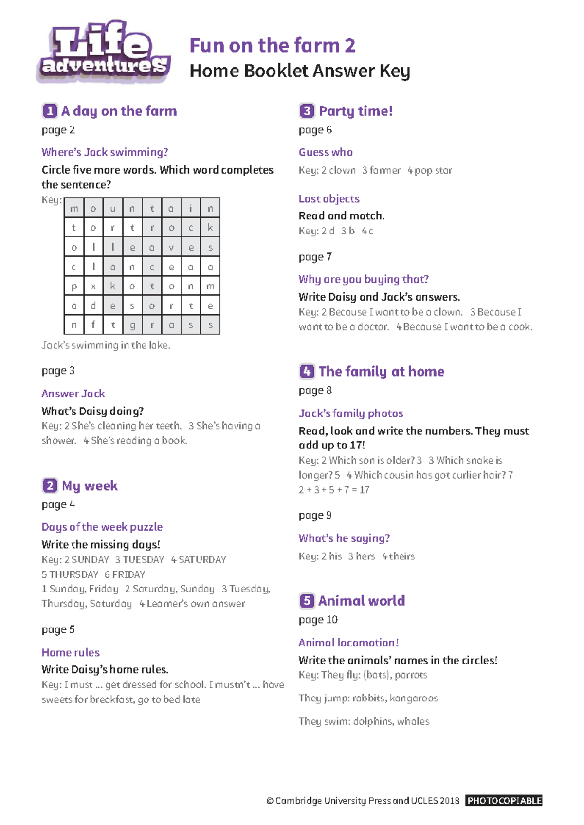 Life Adventures 2 Home Booklet Answer Key: Fun on the Farm Activities ...