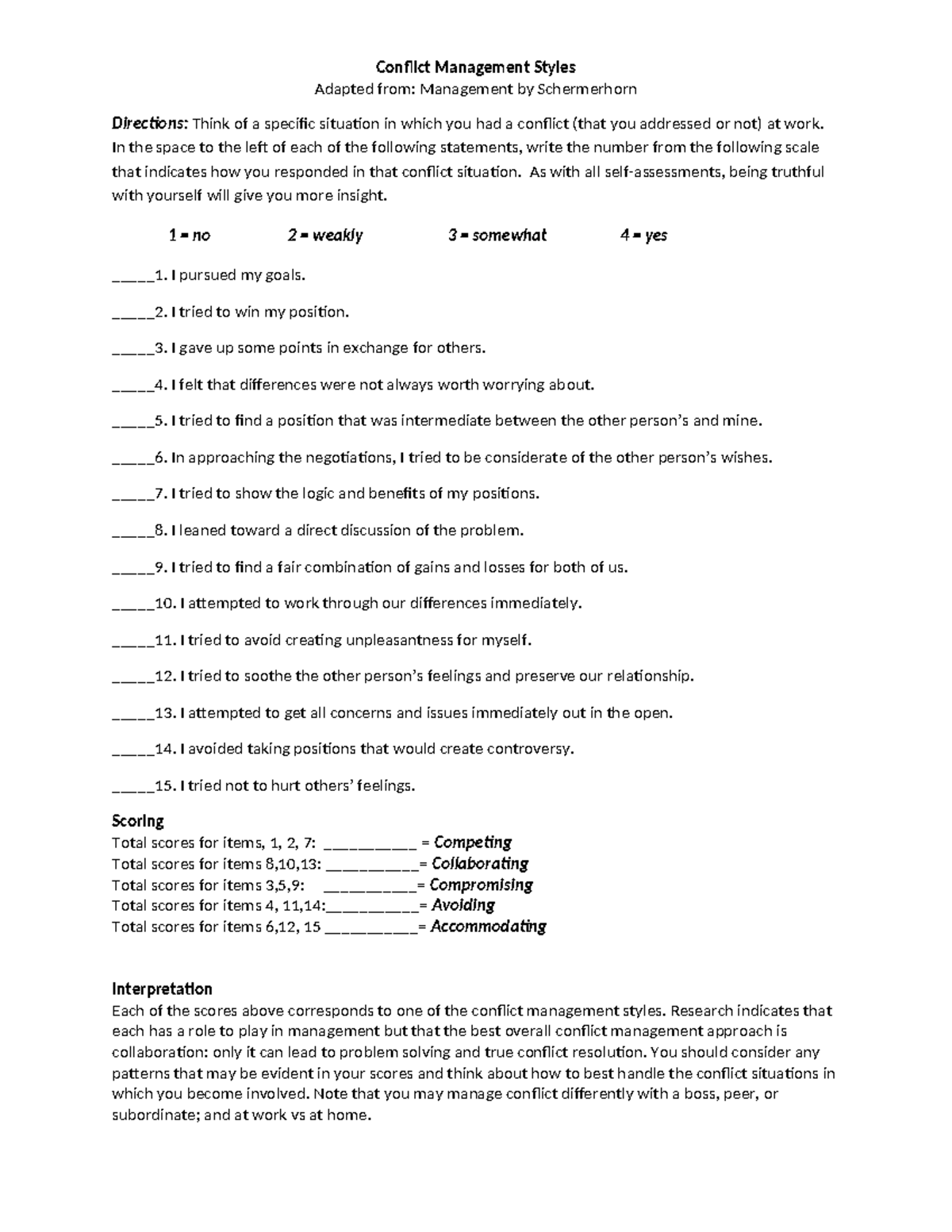 Conflict Management Styles Assessment: Insights & Interpretations - Studocu