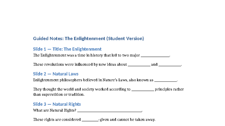 Guided Notes: The Enlightenment (Student Version) - Studocu