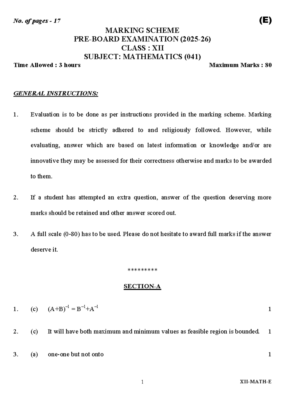 Mathematics Class XII (041) Marking Scheme for Final Exam - Studocu