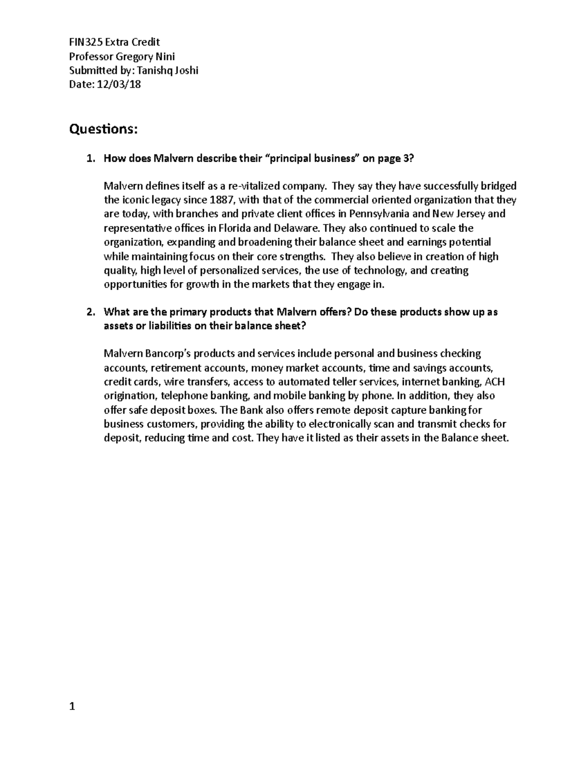 FIN325 Extra Credit Final - Professor Gregory Nini Submitted by ...