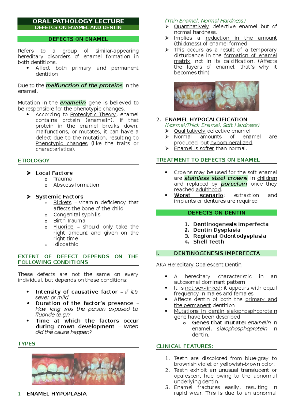 ORAL PATHOLOGY LECTURE - Prelims on Enamel and Dentin Defects - Studocu