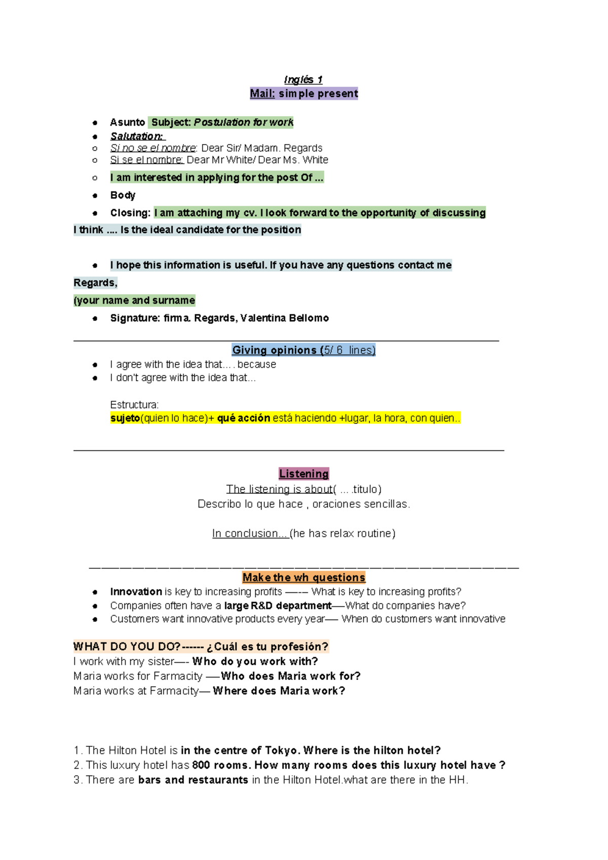 Inglés 1 - Simple Present & Job Application Structure Notes - Studocu