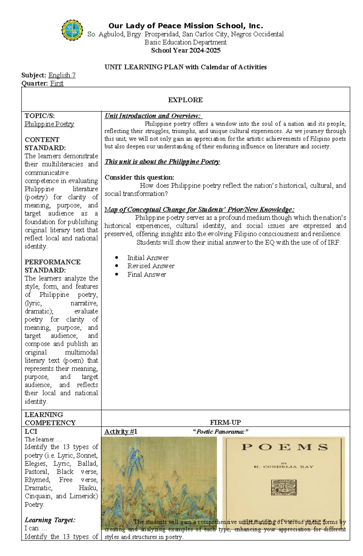 English 7 First Quarter Unit Learning Plan: Exploring Philippine Poetry ...