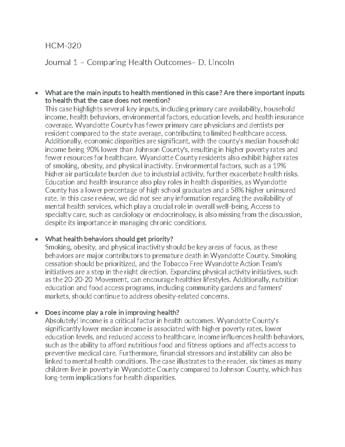 Journal - Comparing Health Outcomes - HCM- 320 Journal 1 – Comparing ...