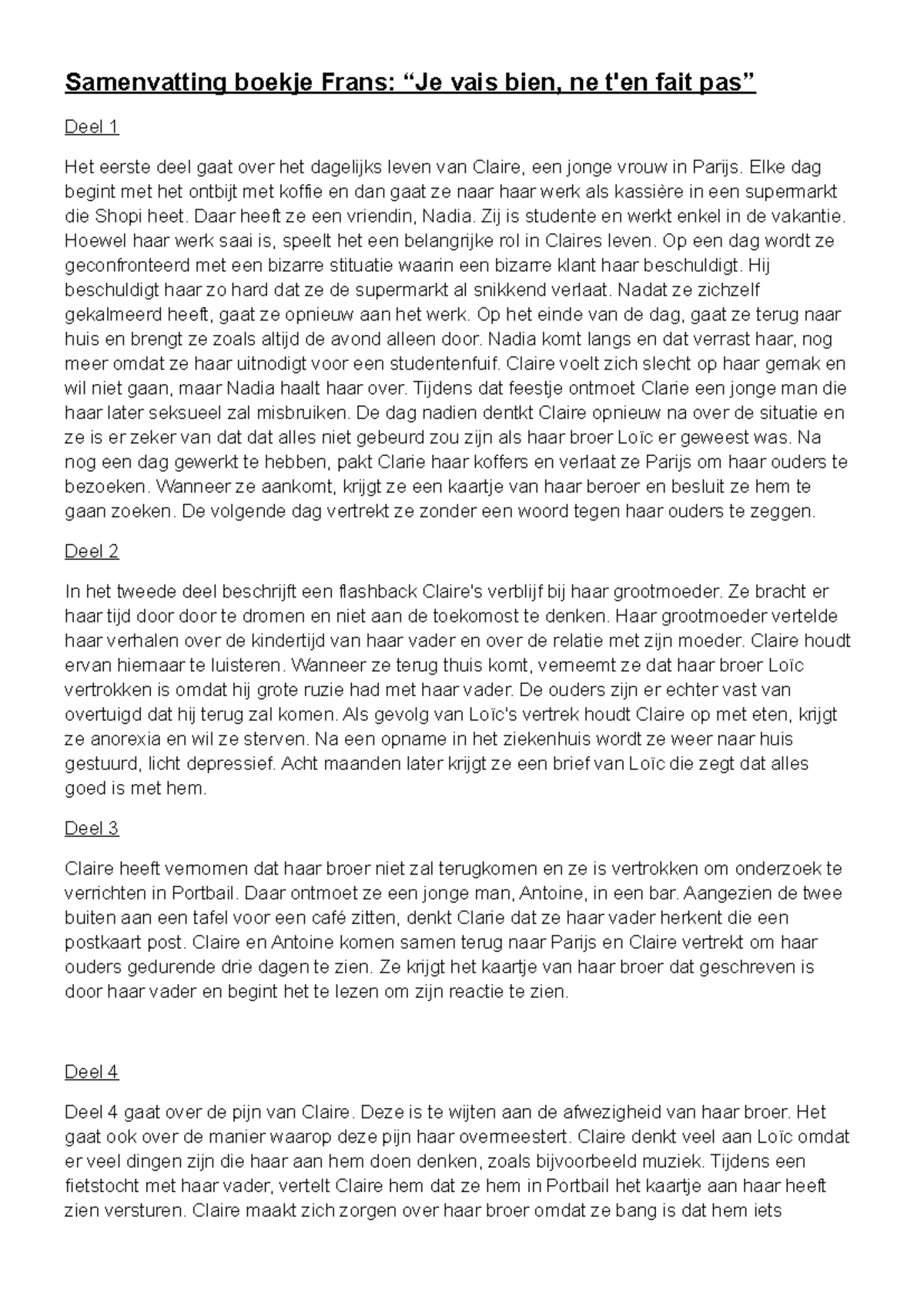 Samenvatting: “Je vais bien, ne t’en fait pas” (Frans Boek) - Studocu