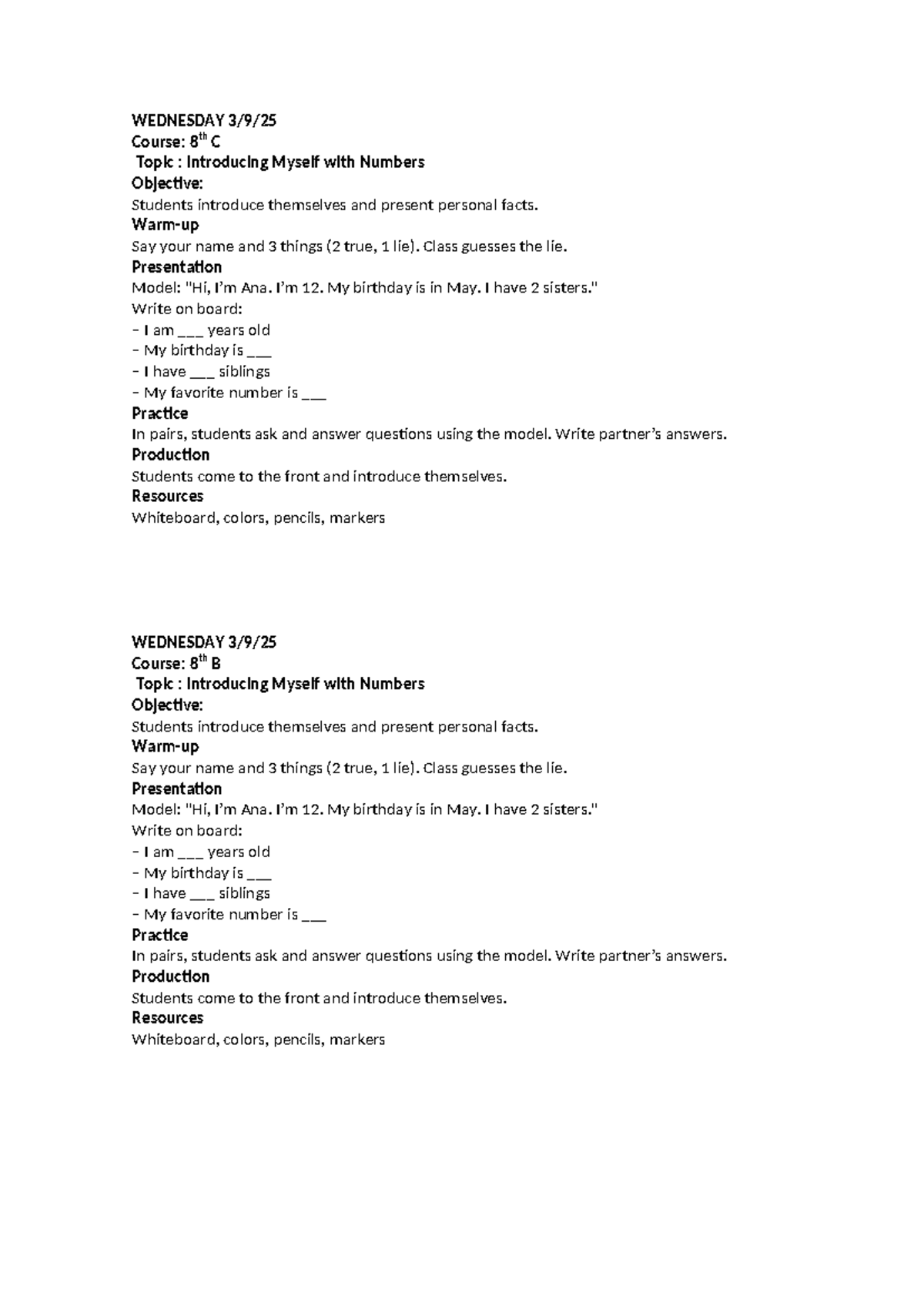 Introducing Myself with Numbers - 8th Grade Lesson Plan - Studocu