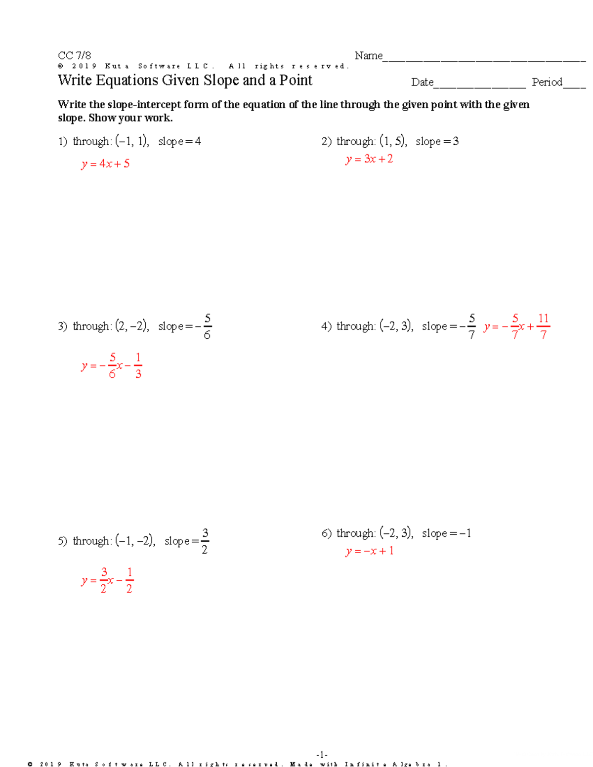 Write equations given slope and point ws key 1-7-19 - ©w a 2 ] 0 h 1 w ...