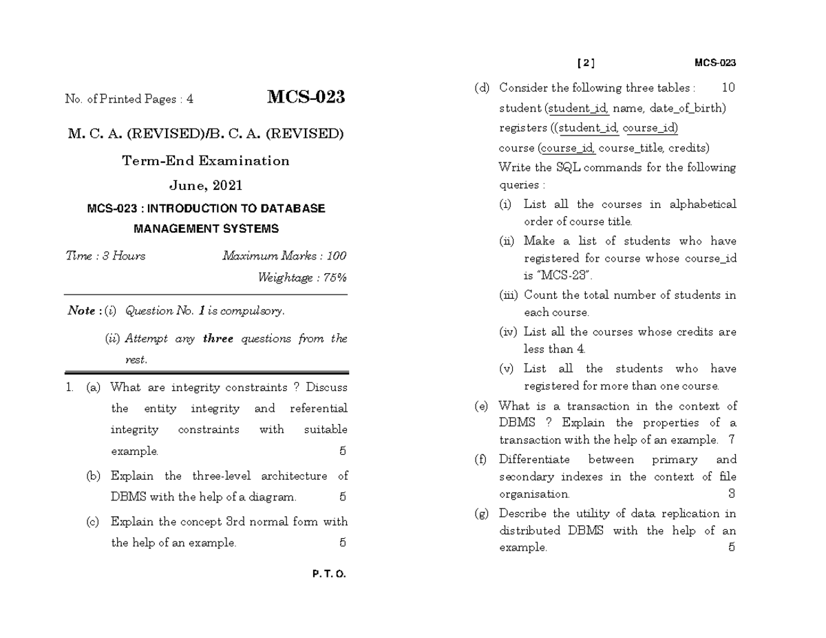 MCS-023 june 2021 - P. T. O. No. of Printed Pages : 4 MCS- M. C. A. (REVISED)/B. C. A. (REVISED ...