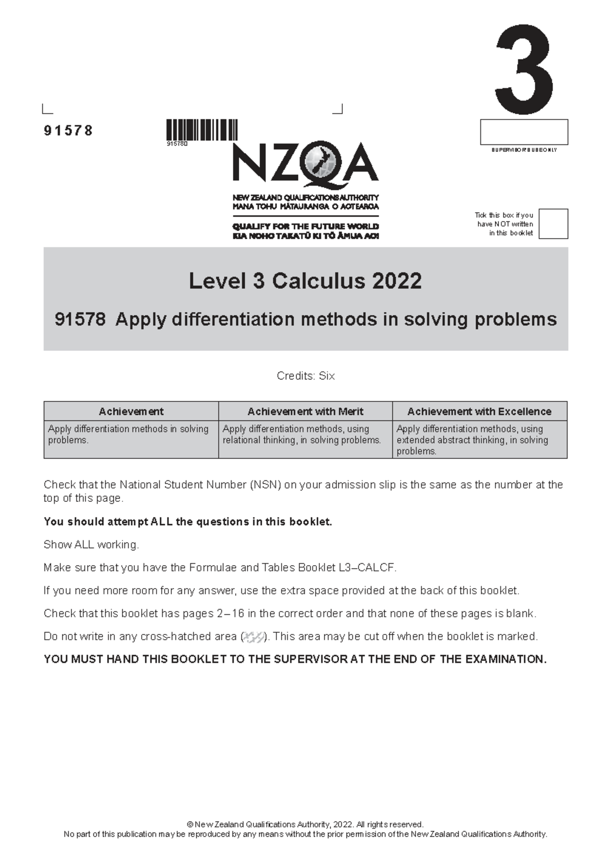 Calculus 91578 Level 3 Exam 2022: Differentiation Methods and Problems ...