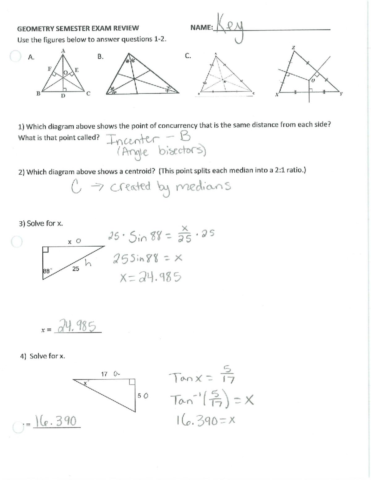 GEOMETRY 101 SEMESTER EXAM REVIEW: KEY & BLANK - Studocu