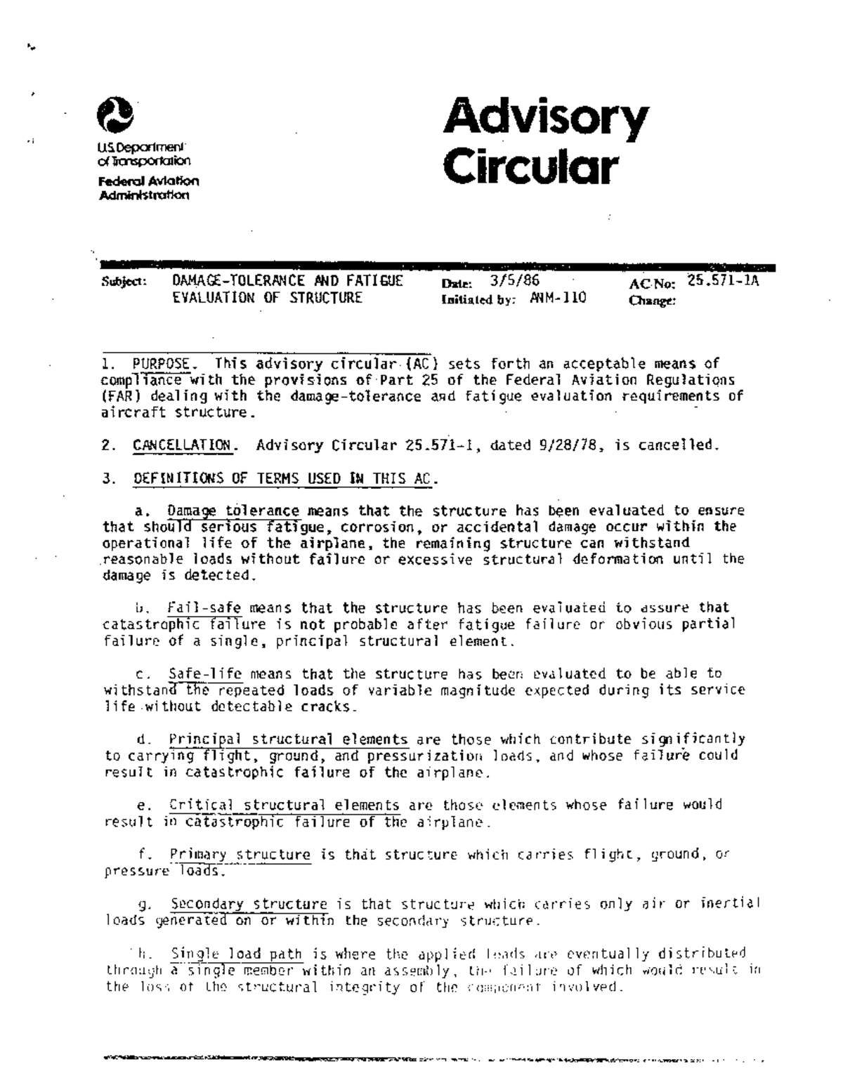 AC 25 - FAA Advisory Circular on Aircraft Structural Fatigue Evaluation ...