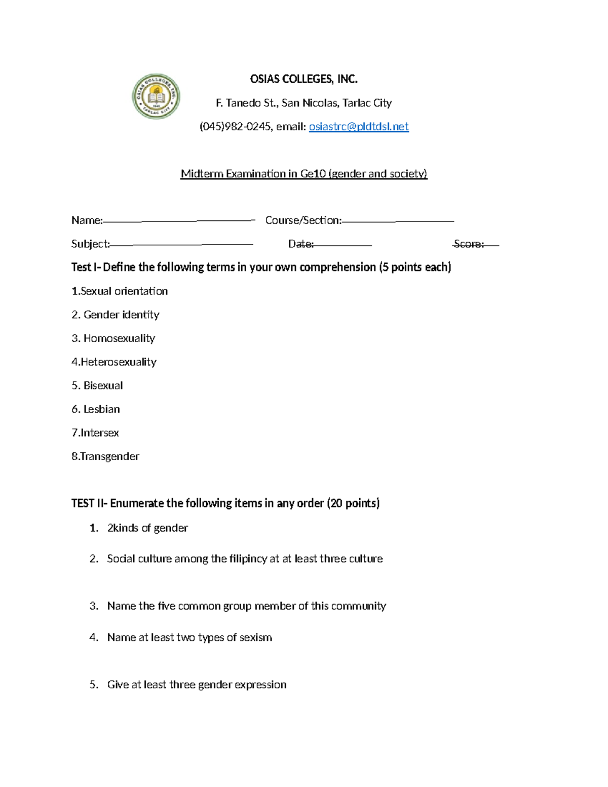 EXAM-GE-10 - role play - OSIAS COLLEGES, INC. F. Tanedo St., San ...