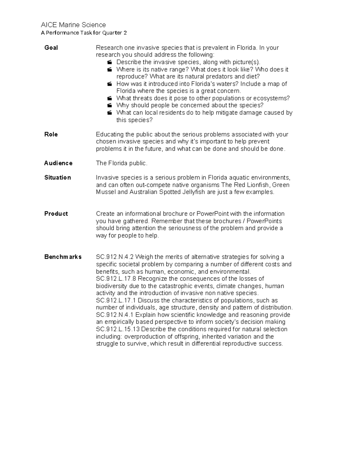 AICE Marine Science A: Invasive Species Research Task Q2 - Studocu