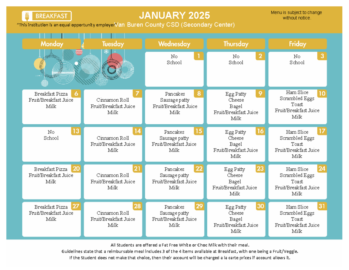January 2025 Secondary Breakfast Menu Overview - Studocu