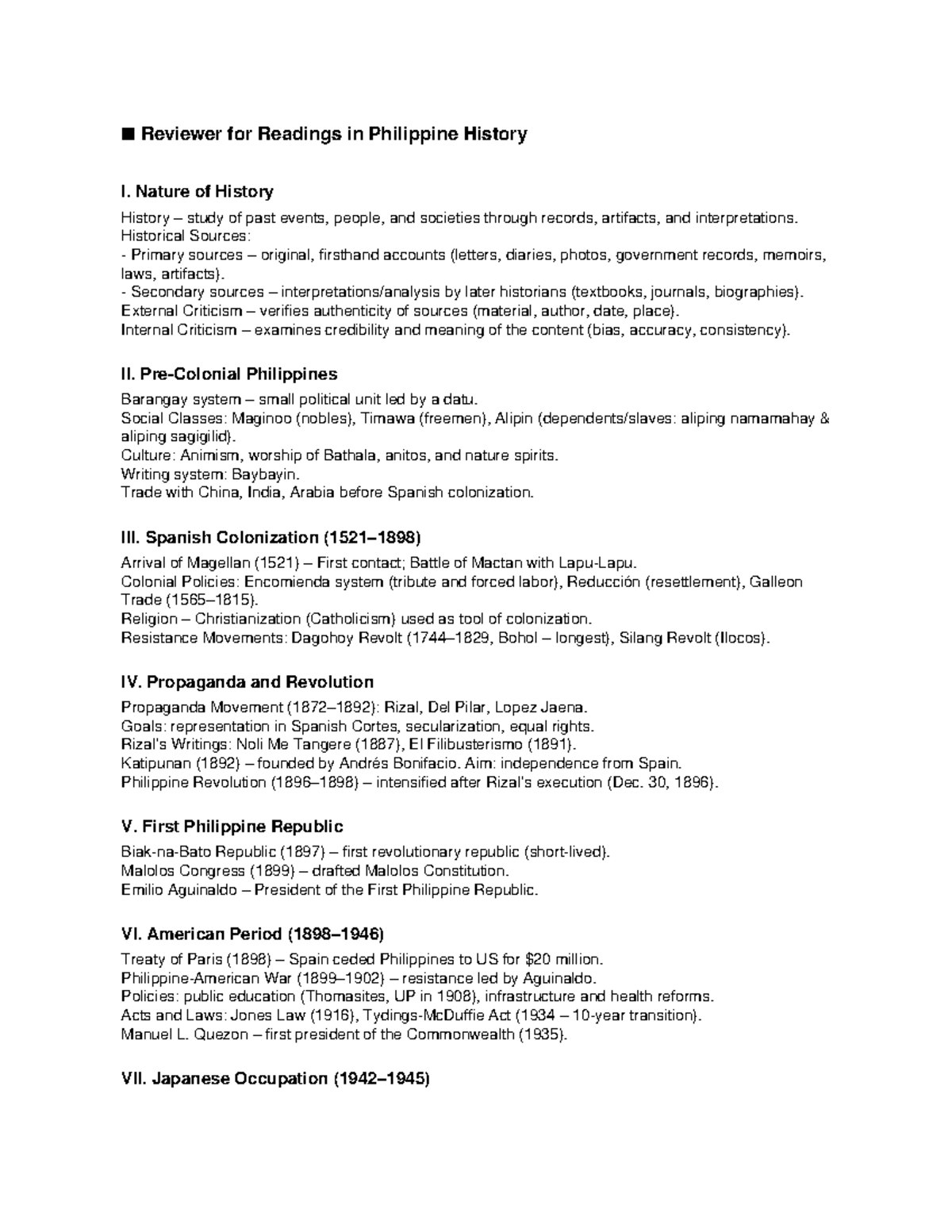 RPH - Reviewer for Readings in Philippine History I: Key Concepts and ...