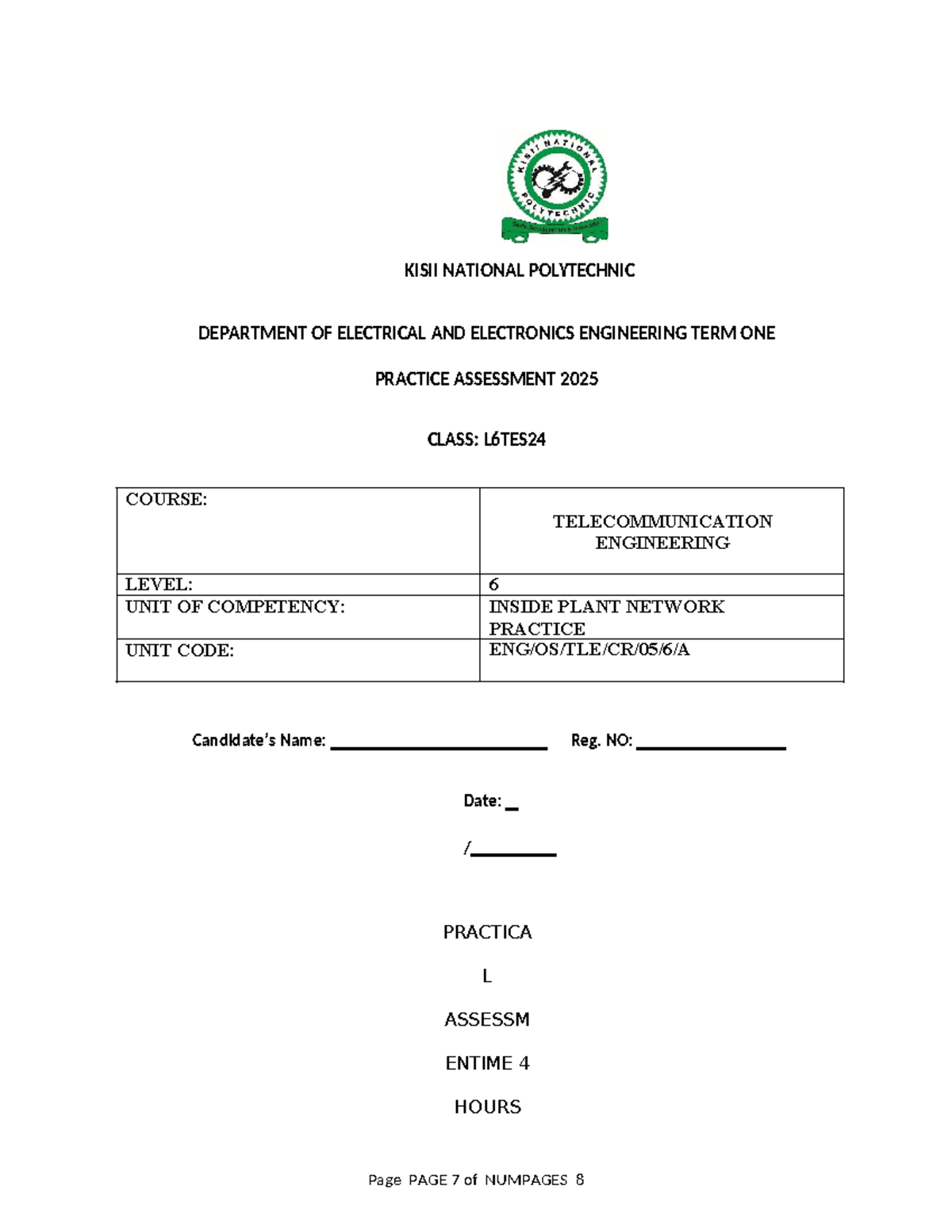 KISII POLYTECHNIC EEE TERM ONE PRACTICAL ASSESSMENT L6TES24: LAN ...