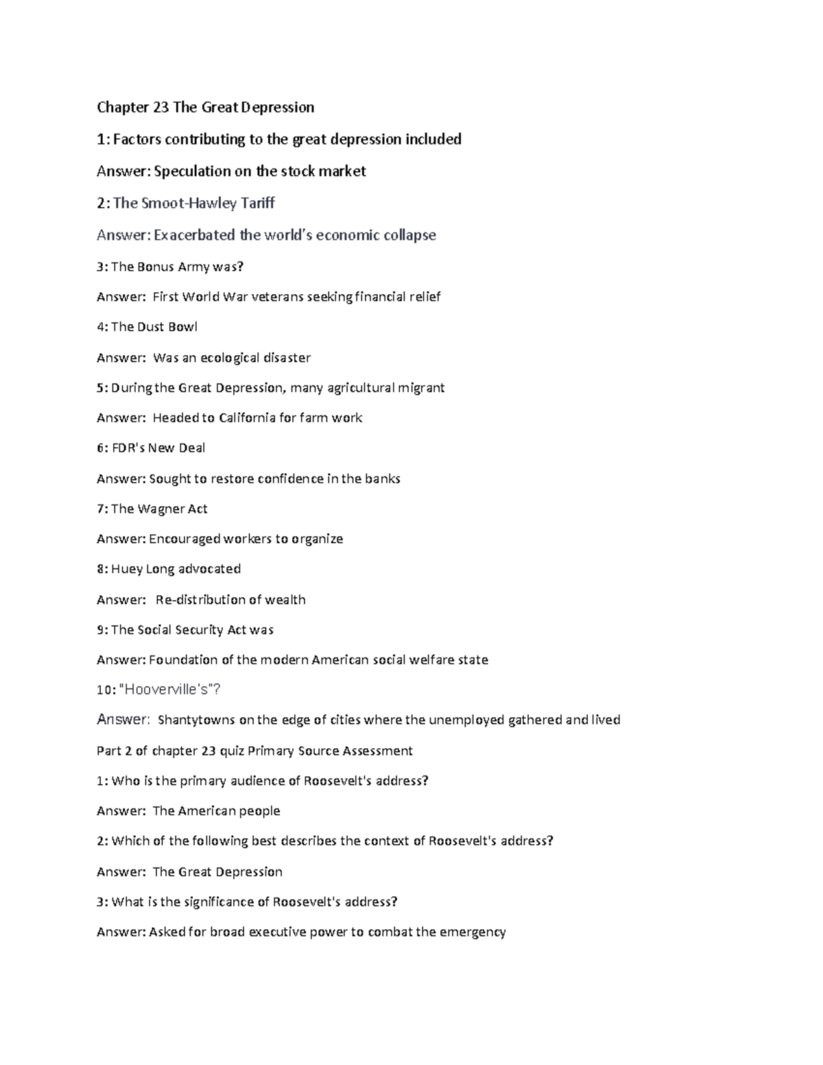 Chapter quiz 23 The great depression - Chapter 23 The Great Depression ...