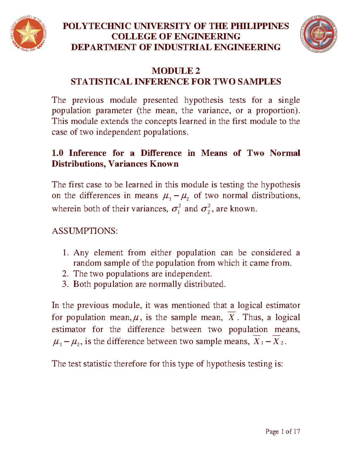 Module-2 - statistics and probability - ####### MODULE 2 ####### STATISTICAL INFERENCE FOR TWO ...