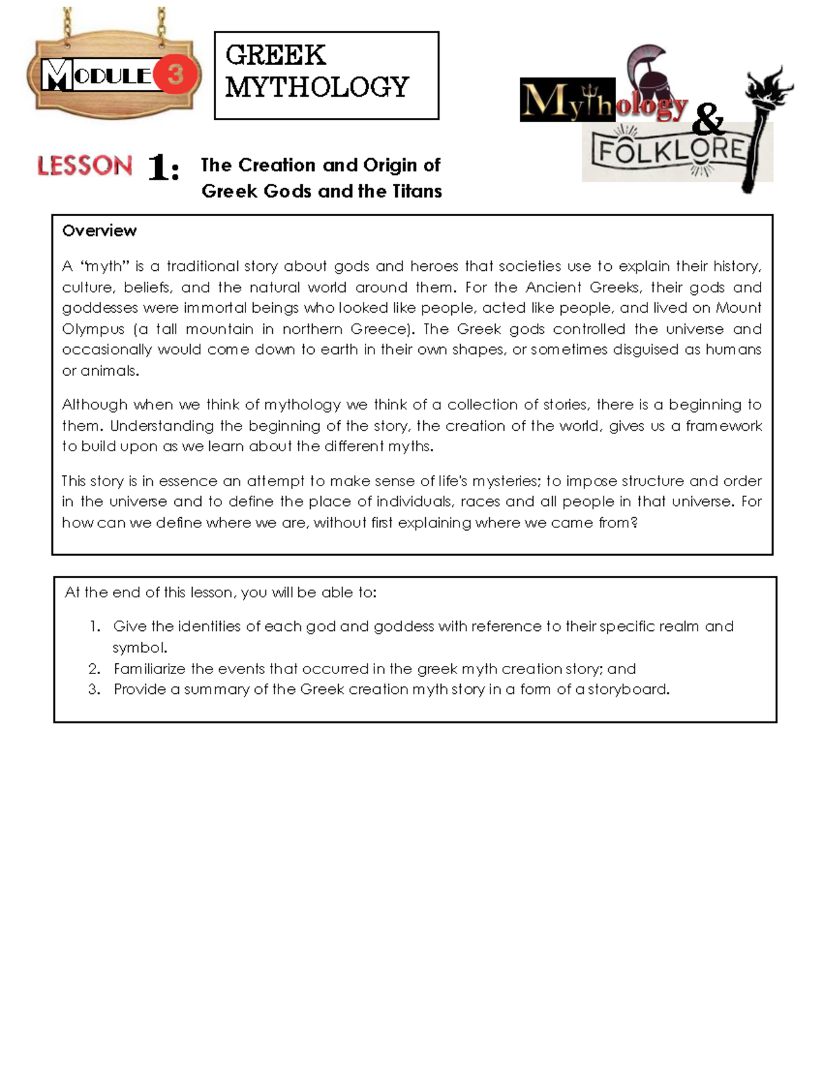 Module 3 - Lecture notes - & ODULE GREEK MYTHOLOGY 1 : The Creation and ...