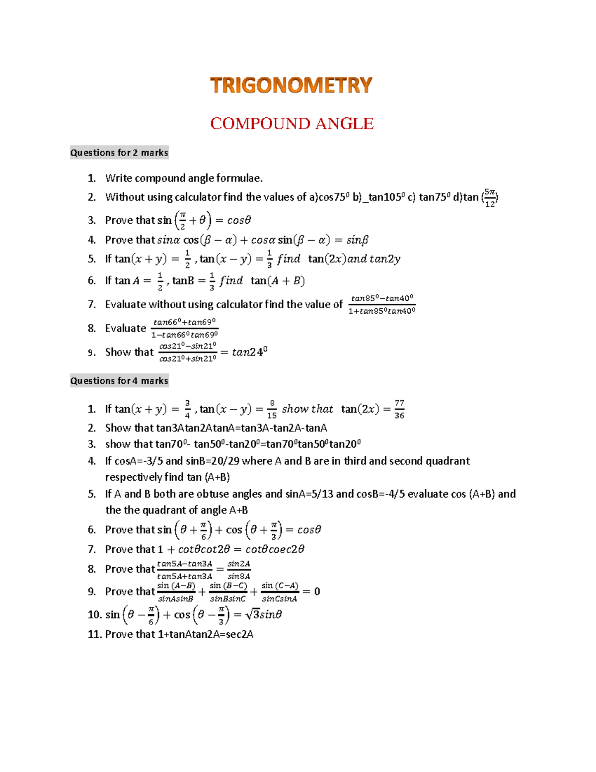 Trigonometry Quiz - Compound Angle Questions for Practice - Studocu